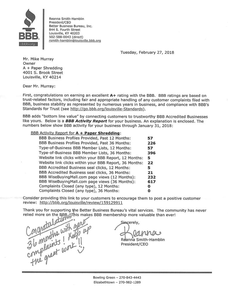 BBB Endorsement - A Plus Shredding